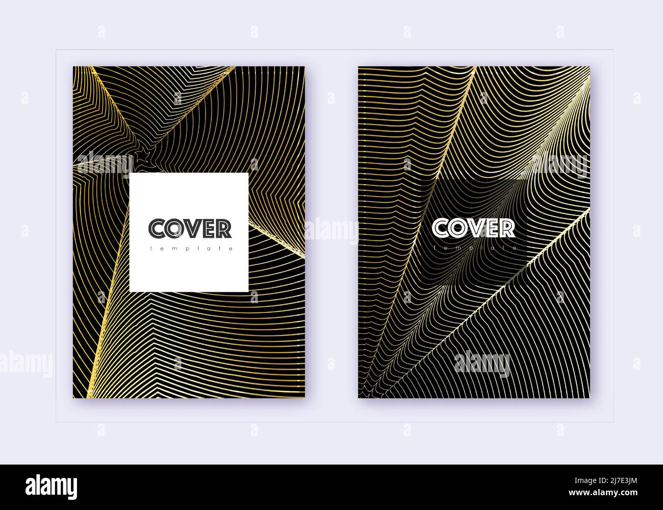 Hipster cover design template set. Gold abstract lines on black ...