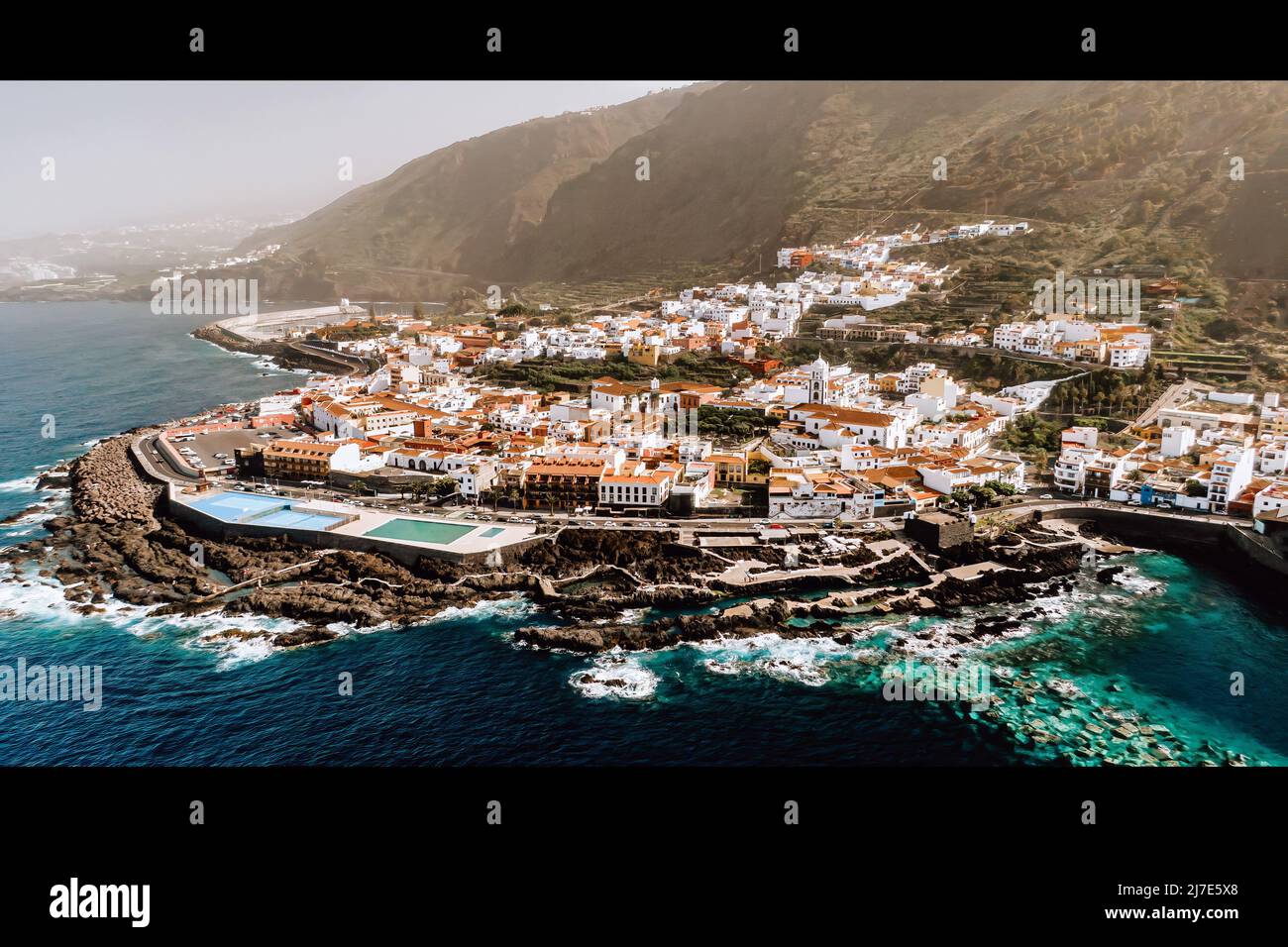 Aerial view of Garachico village on the coast of the Atlantic ocean in ...