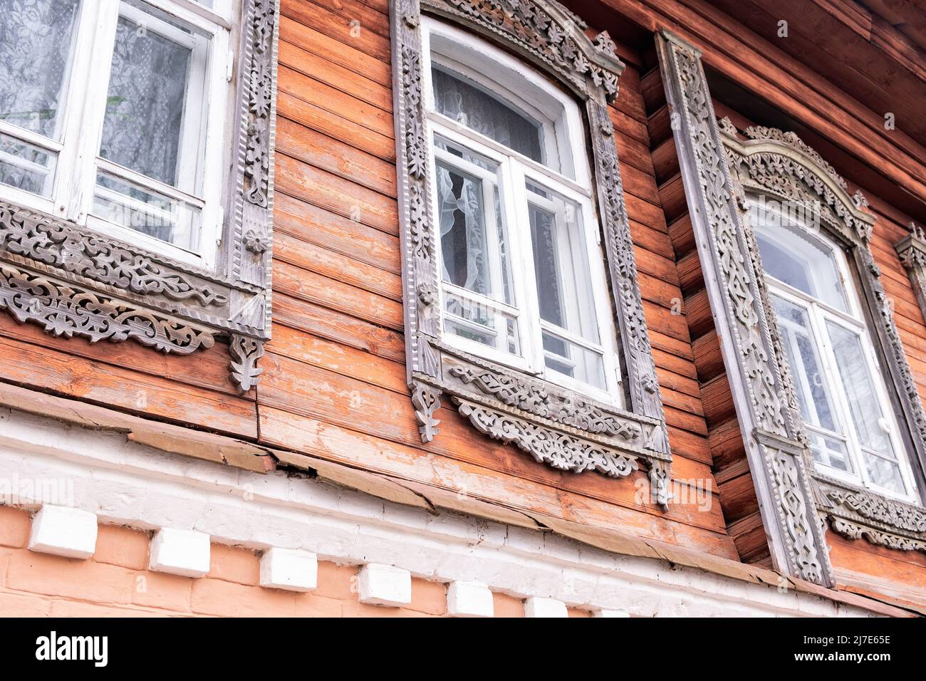 Beautiful old windows. An architectural monument. Old Russian style ...