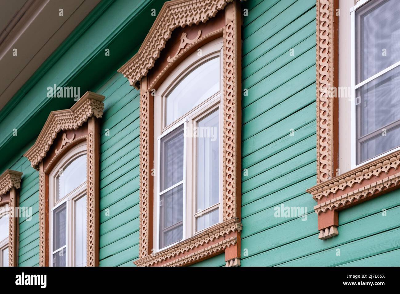 Beautiful old windows. An architectural monument. Old Russian style ...