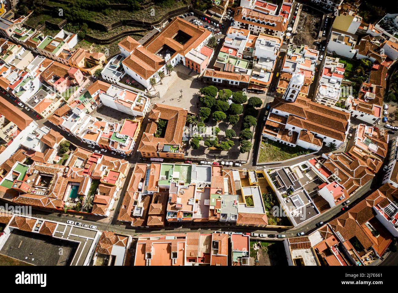 Aerial view of Garachico village on the coast of the Atlantic ocean in ...