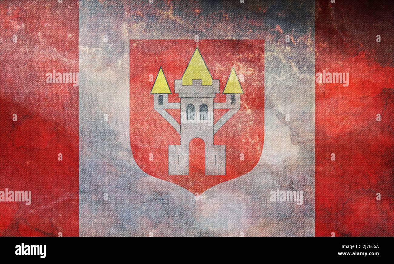 Top view of retro flag srem, Poland with grunge texture. Polish travel ...