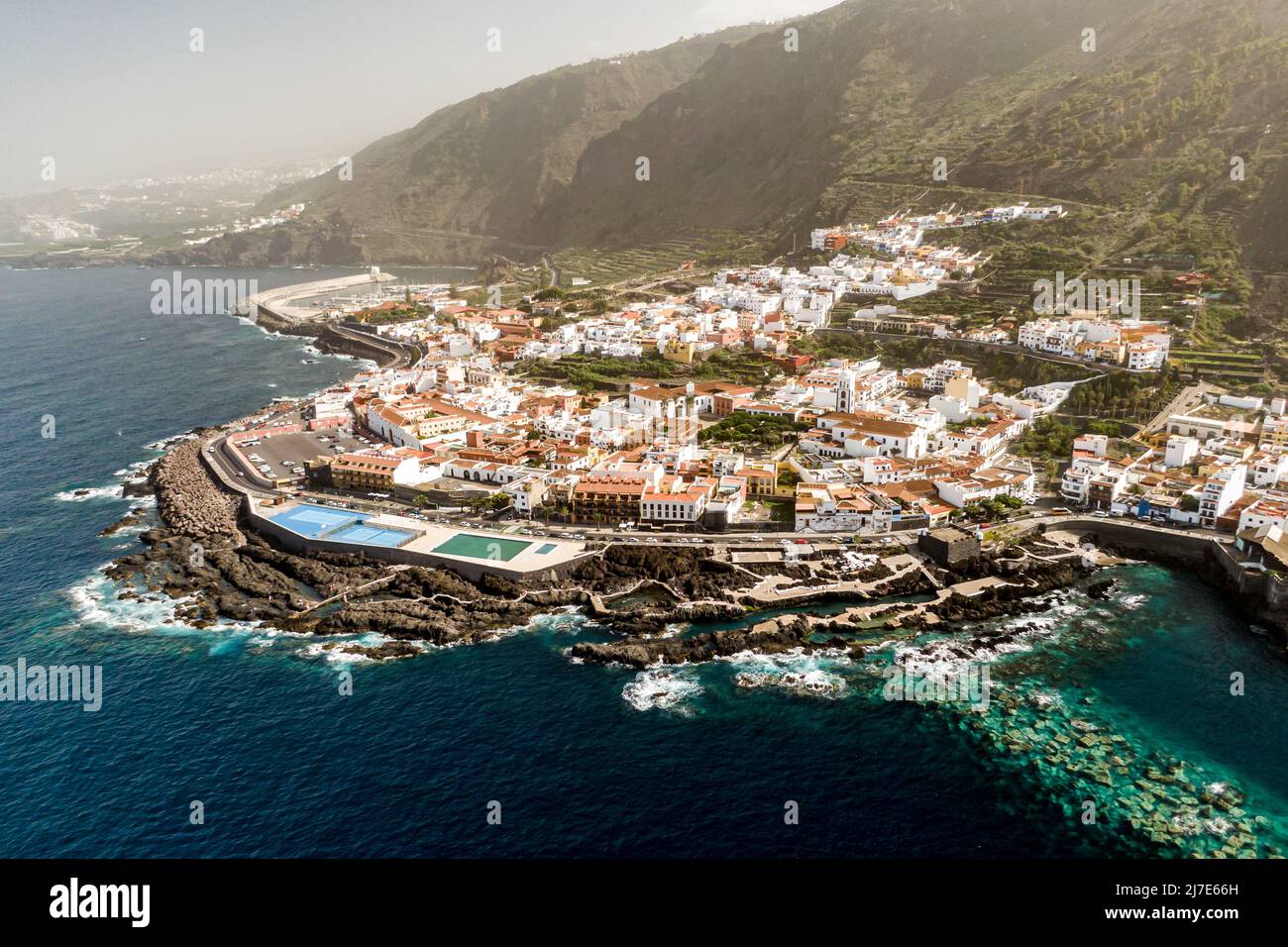 Aerial view of Garachico village on the coast of the Atlantic ocean in ...