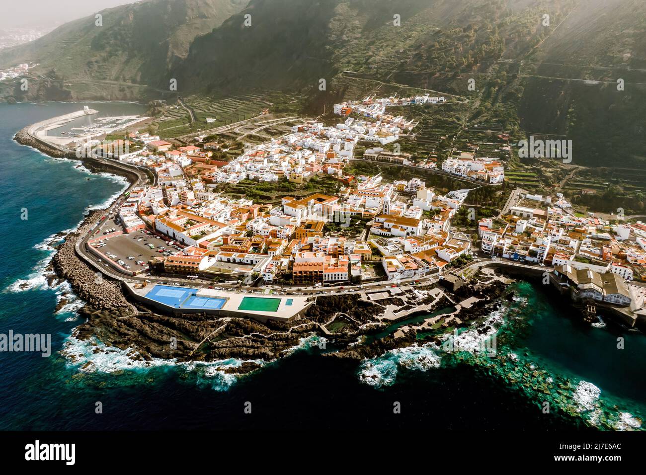 Aerial view of Garachico village on the coast of the Atlantic ocean in ...