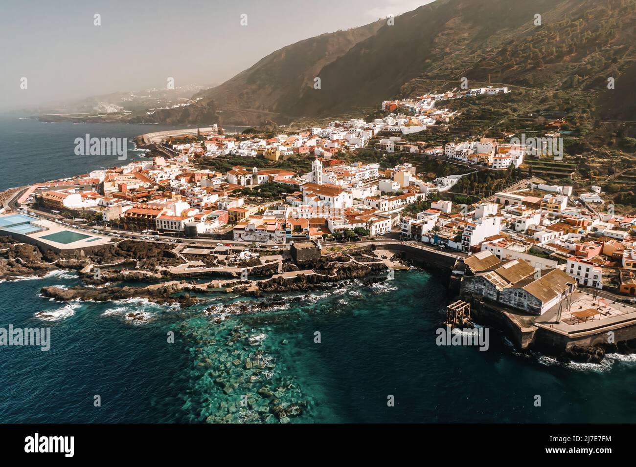Aerial view of Garachico village on the coast of the Atlantic ocean in ...