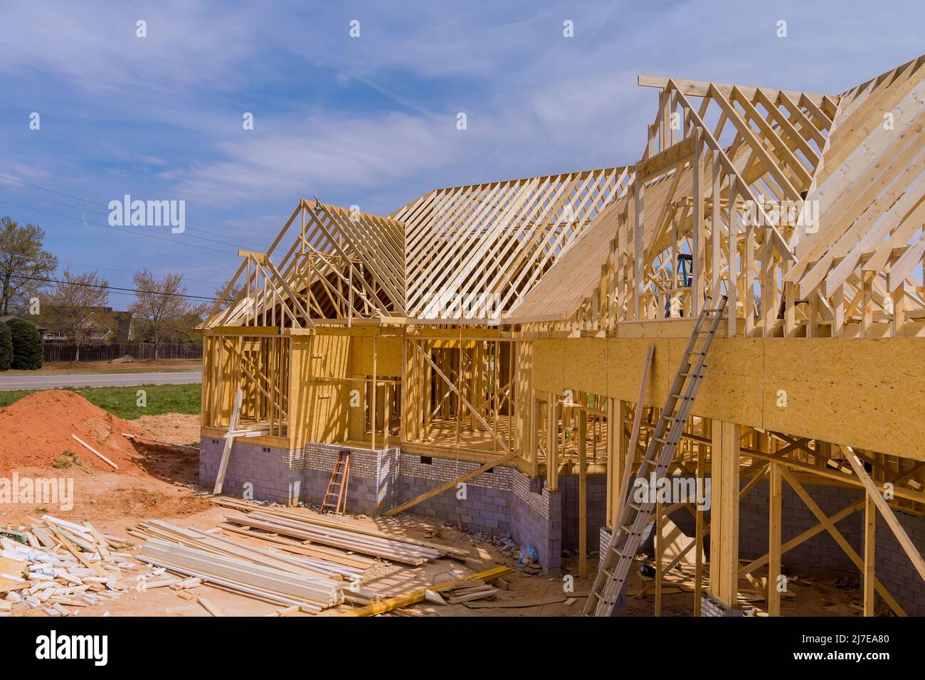 Home construction the frame of house beginning of roofing construction ...