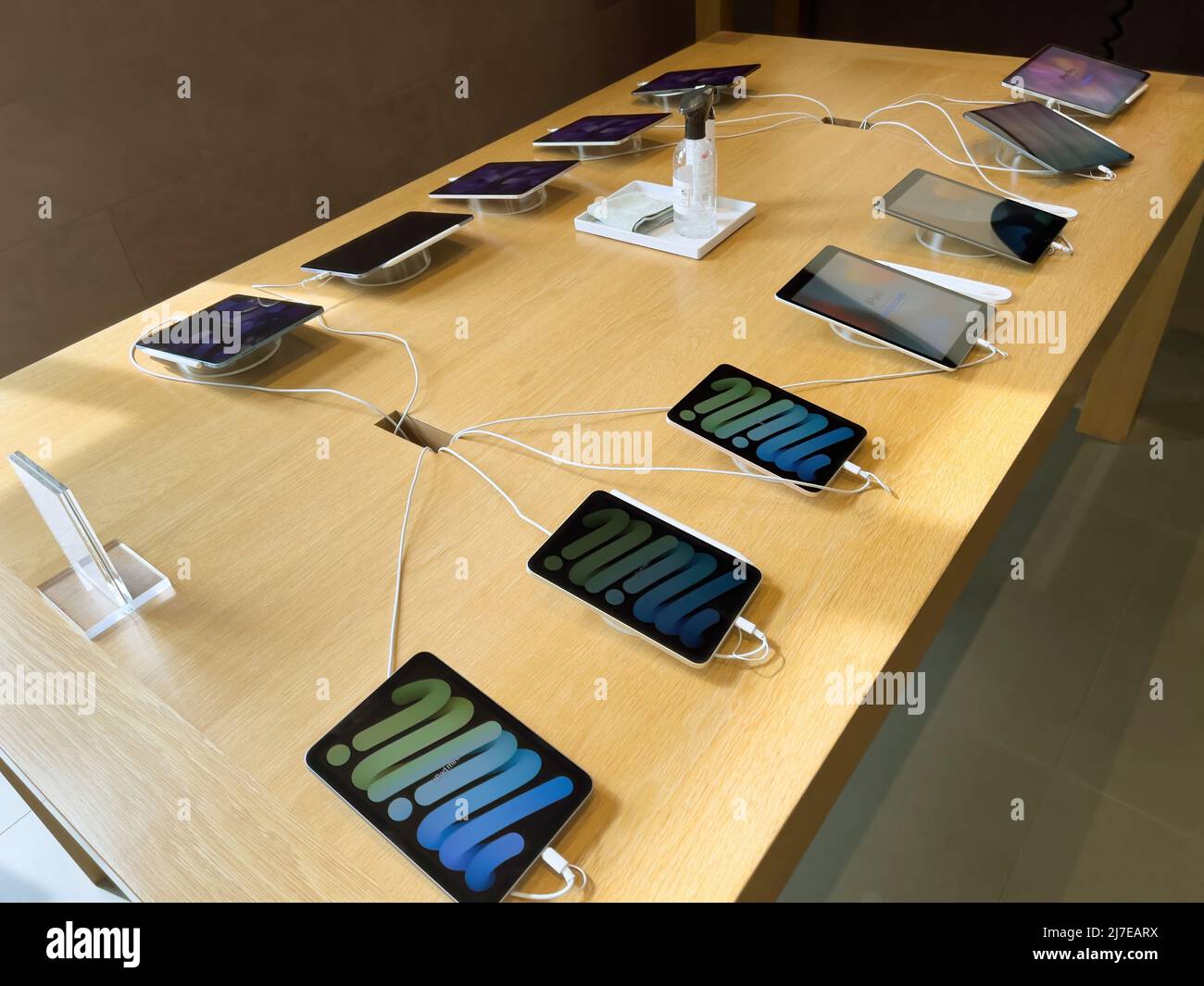 Paris, France - Mar 18, 2022: Apple Store wooden table with new iPad ...