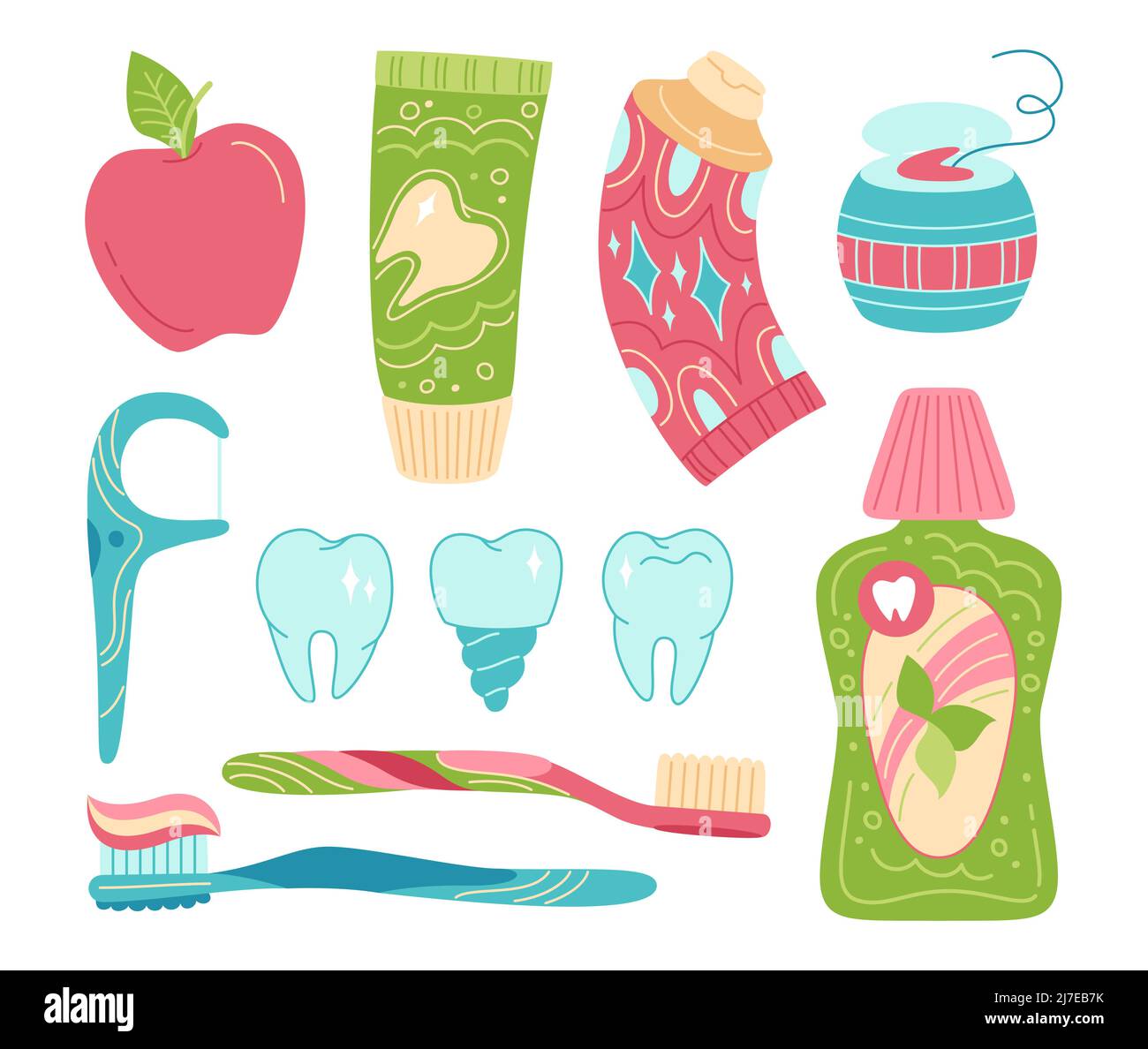 Dental tools cartoon set. Healthy tooth, dentistry implant ...