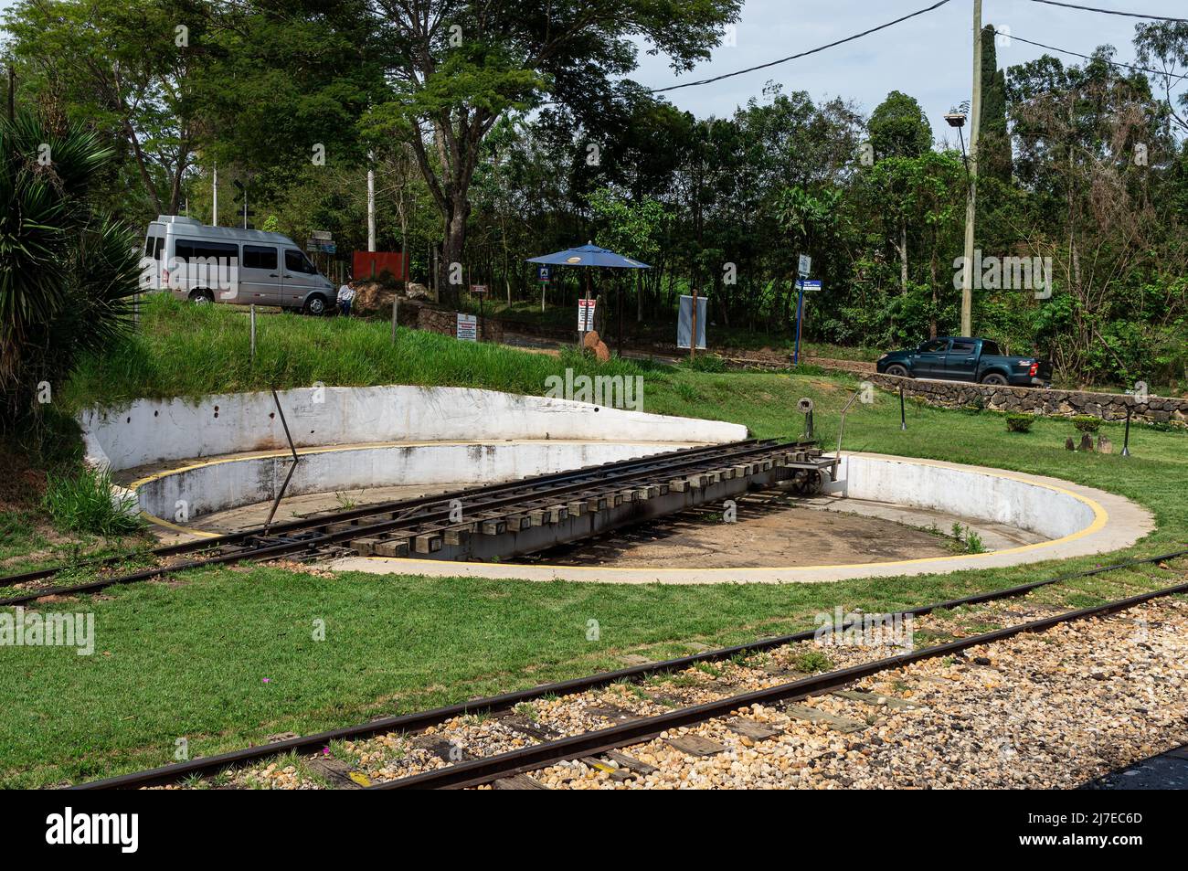 A manual railway turntable at Tiradentes train station used to turn the ...