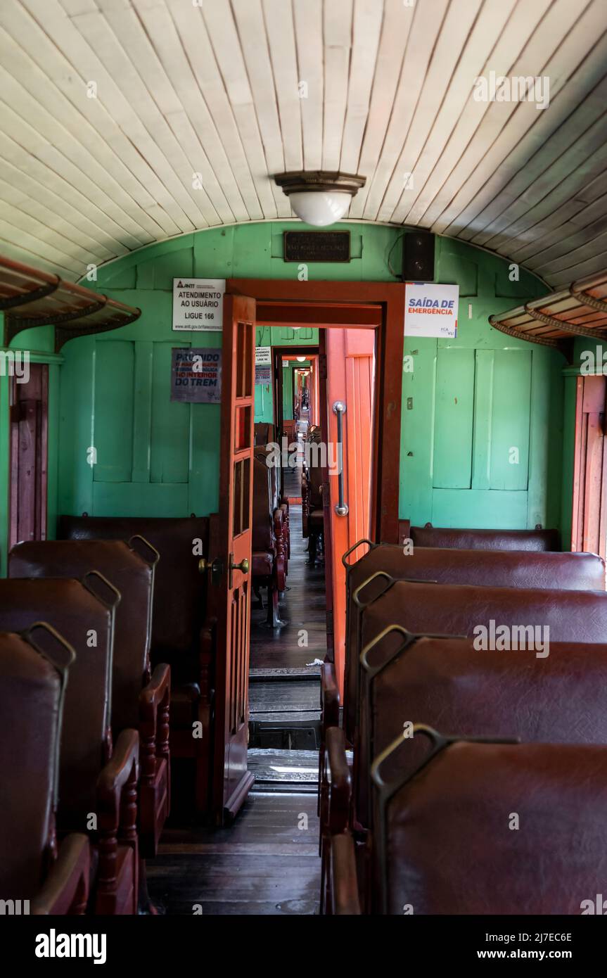 The vintage interior corridor of the empty touristic train passenger ...