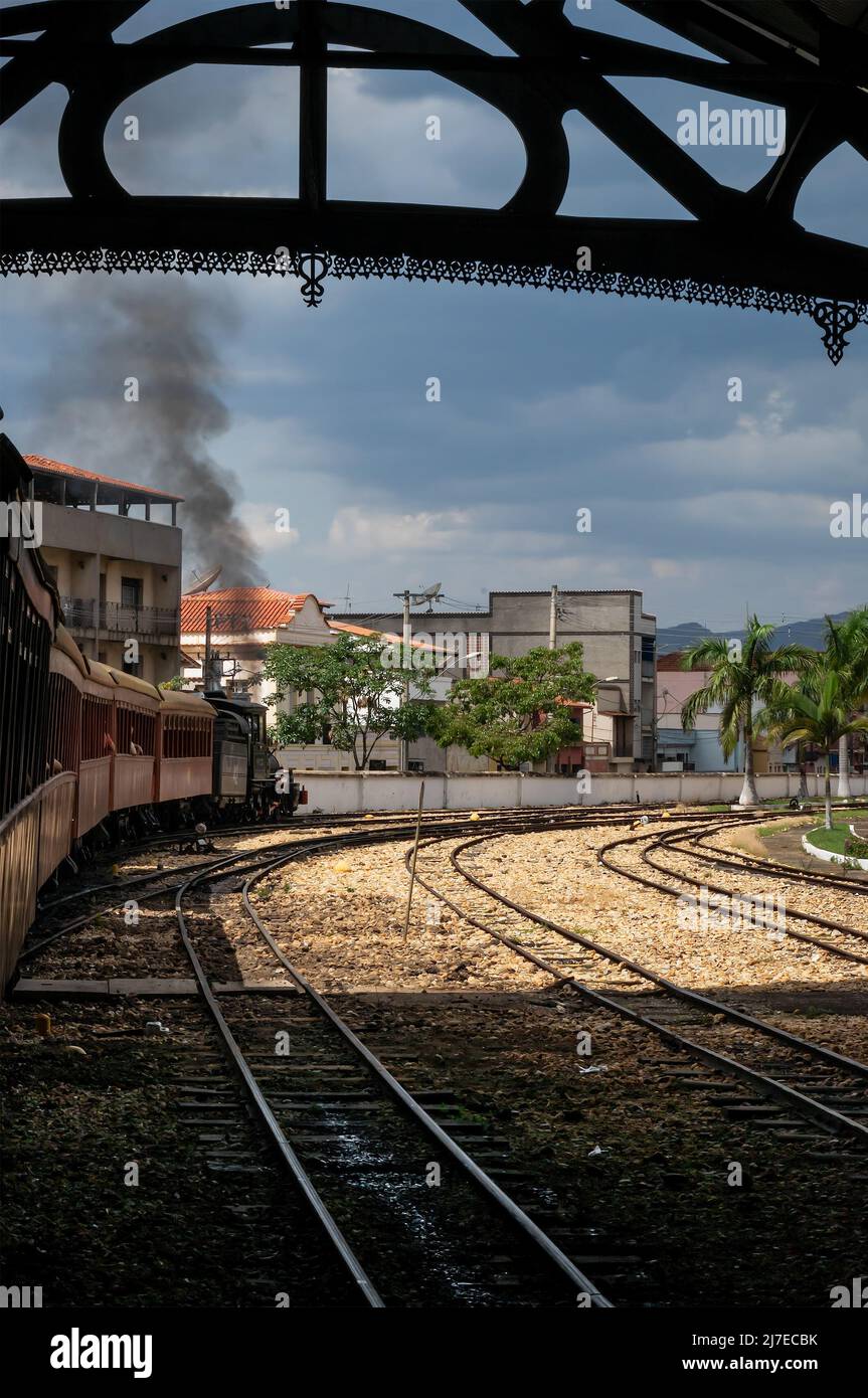 The outdoor train tracks of Sao Joao del Rei train station in the ...
