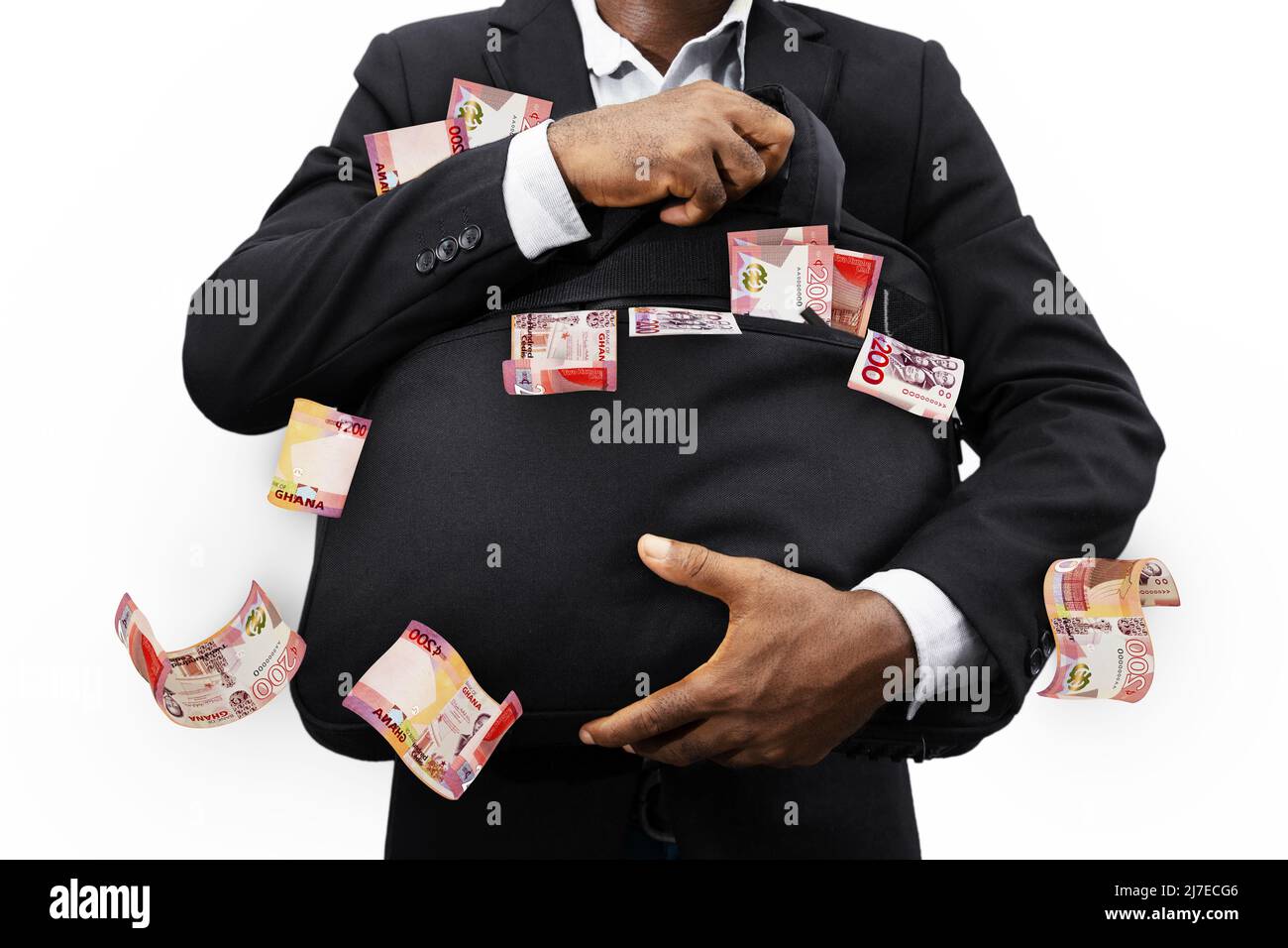 Black Businessman holding black bag full of Ghanaian cedi notes ...