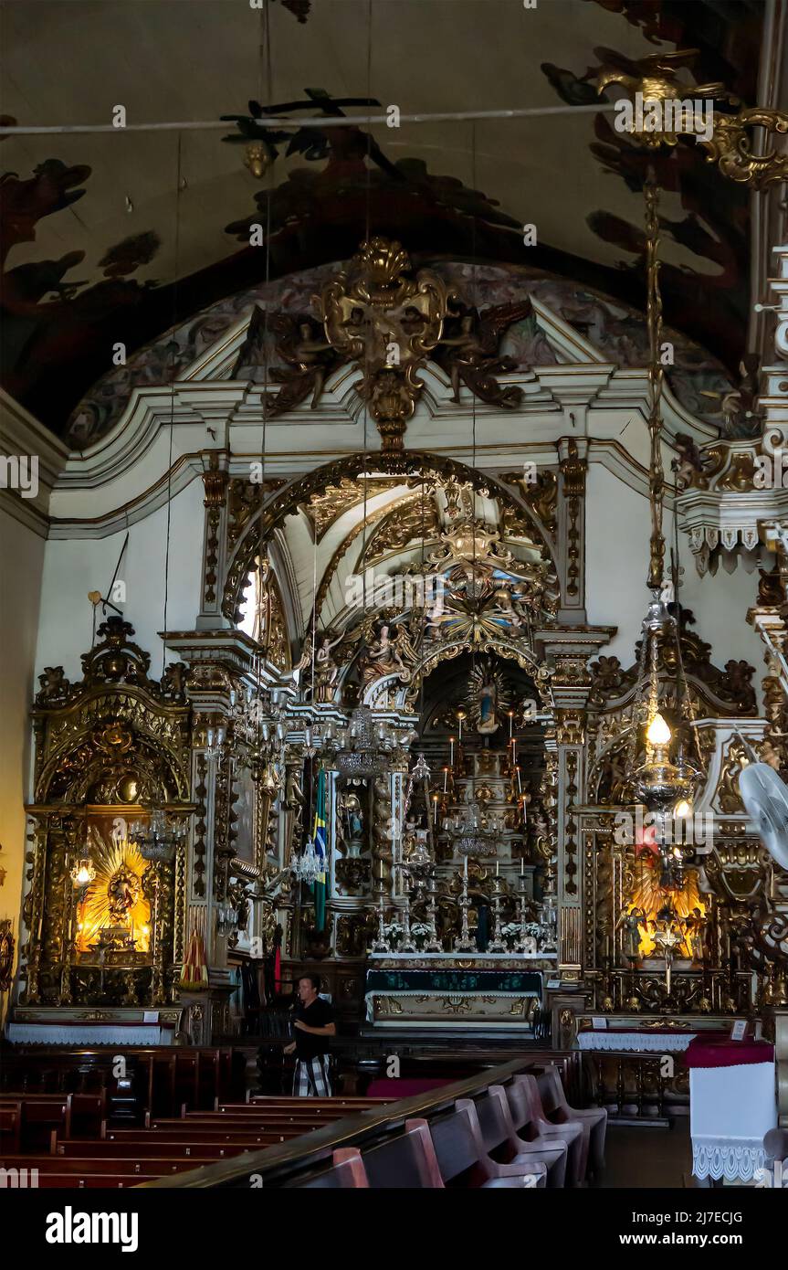 Interior view of Nossa Senhora do Pilar cathedral with many religious ...