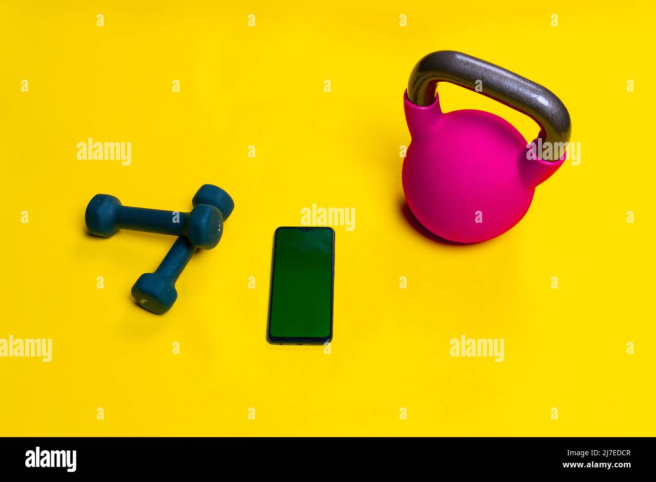 Yellow kettlebell space dumbbells phone lue isolated fitness fit, from ...