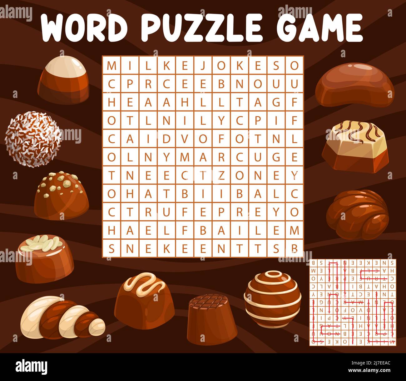 Chocolate candies and sweets word search puzzle game worksheet. Vector ...