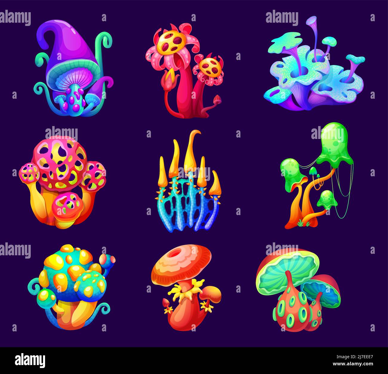 Magic and fairy mushrooms. Fantasy fungi, alien planet vibrant color ...
