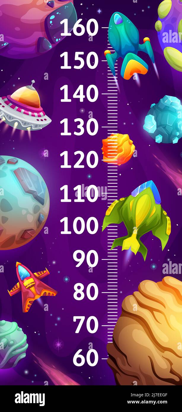 Kids height chart ufo, spacecraft and starship in galaxy space. Cartoon ...