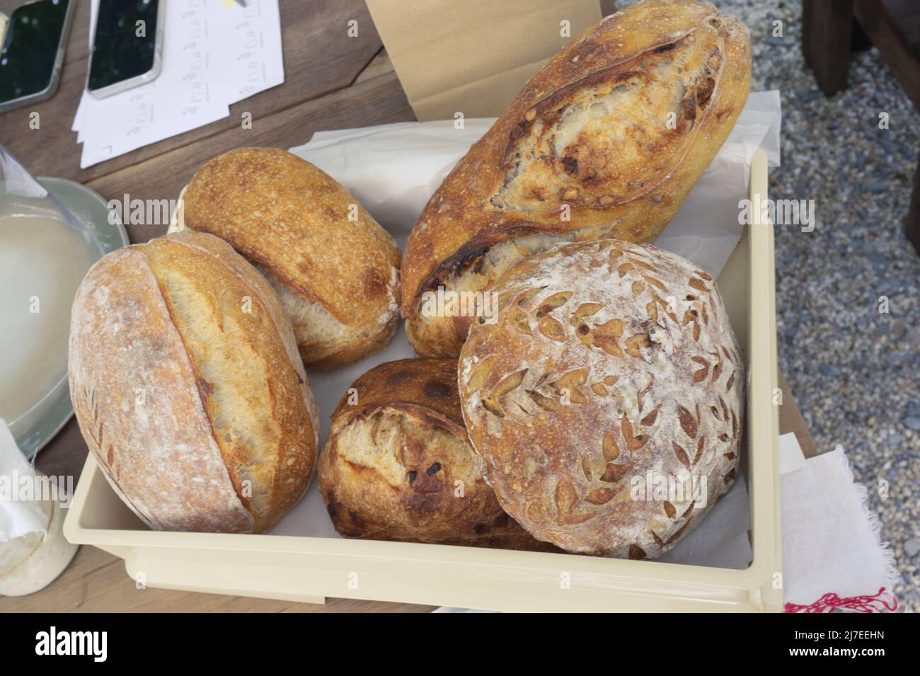 Bread close-up. Freshly baked sourdough bread with a golden crust ...