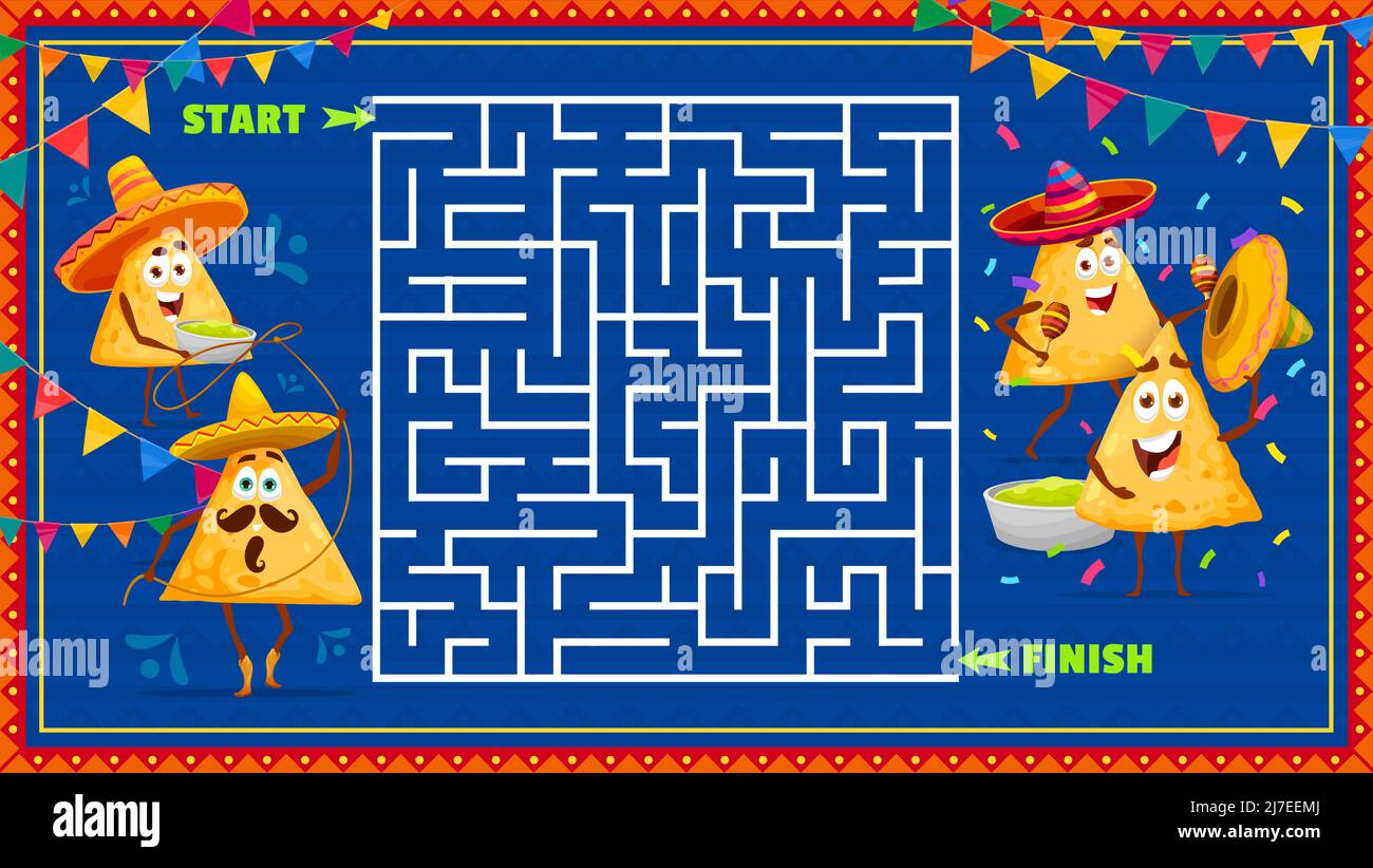 Cartoon mexican nachos chips characters. Labyrinth maze, kids ...