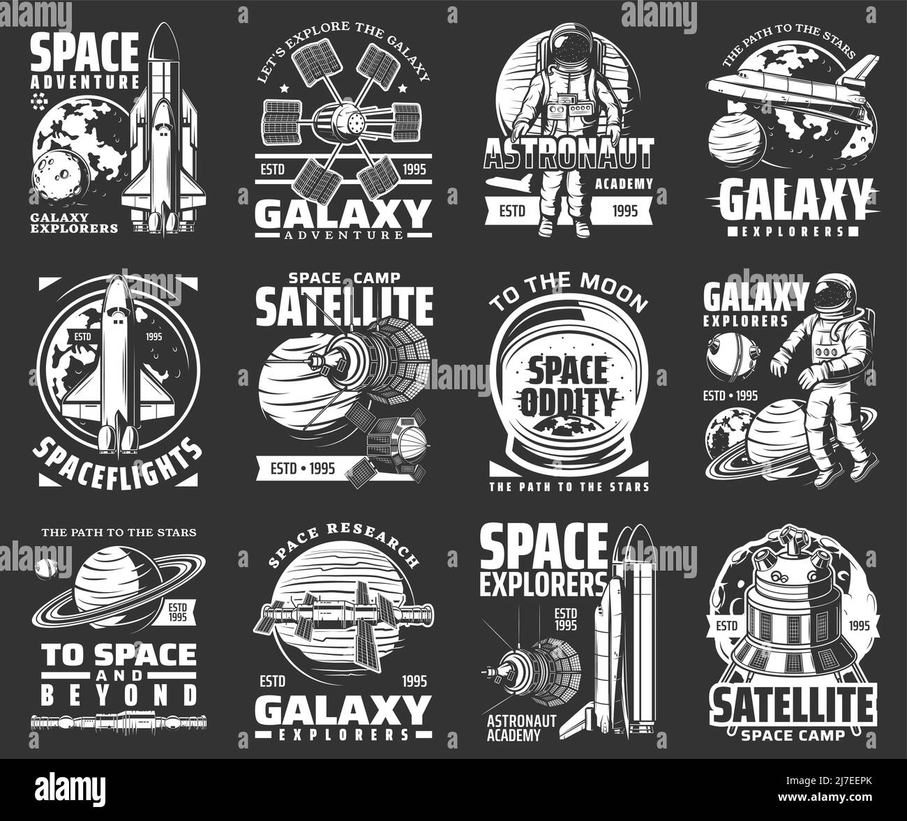 Universe galaxy, outer space astronaut rockets and spaceship explorers ...