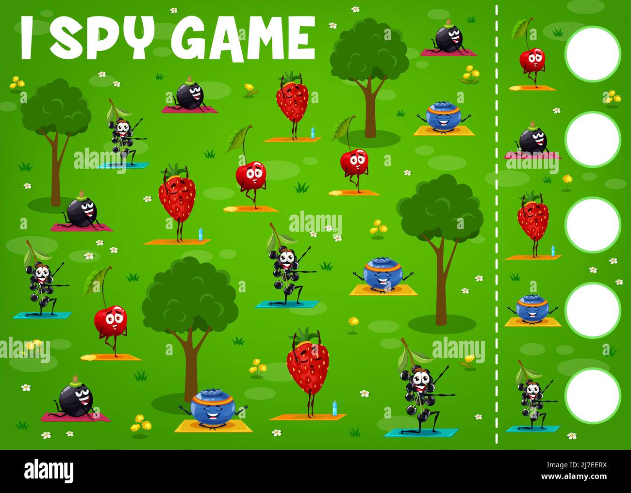 I spy game worksheet, cartoon berry characters on yoga fitness. Vector ...