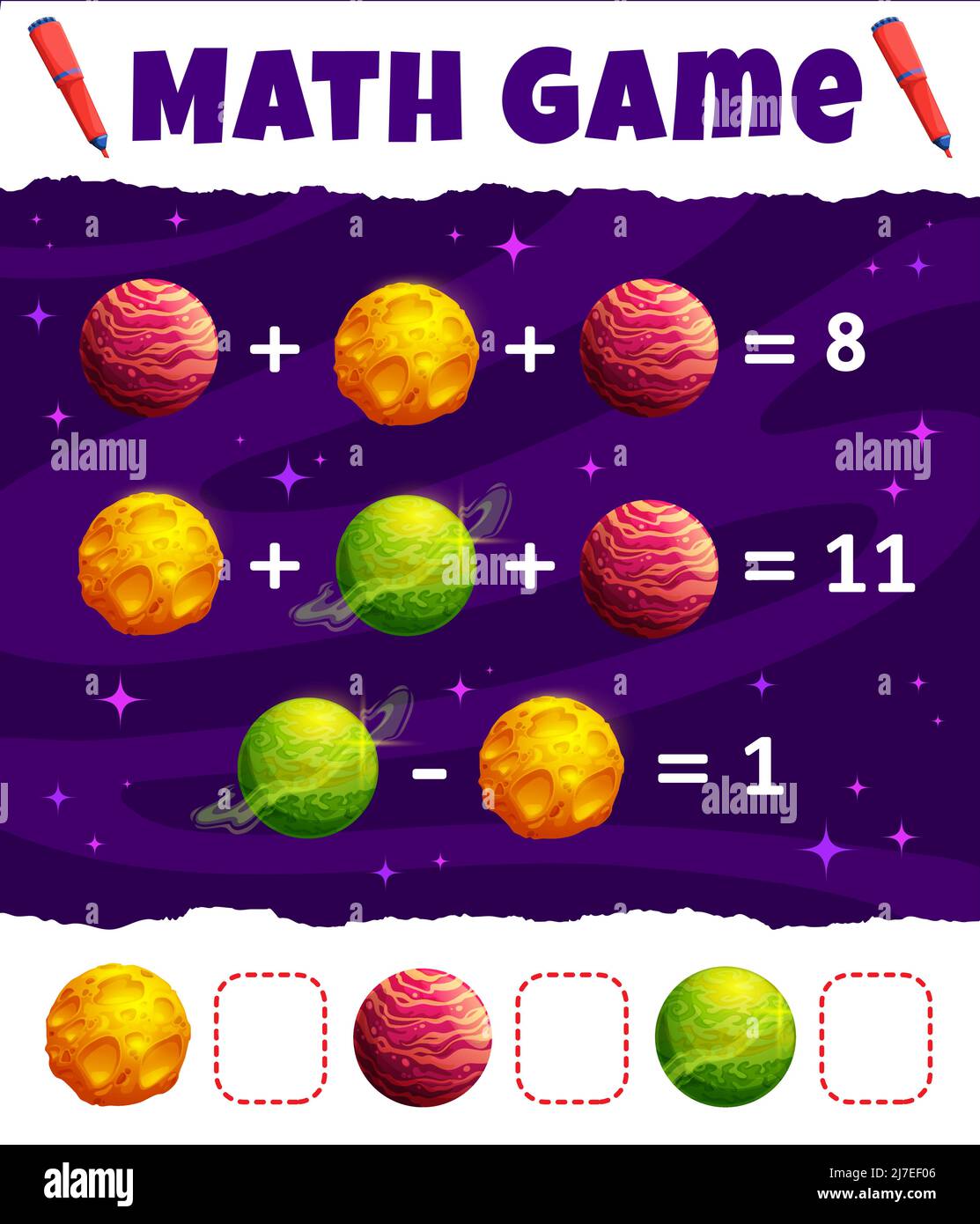 Math game worksheet, cartoon space planets and stars, education maze ...