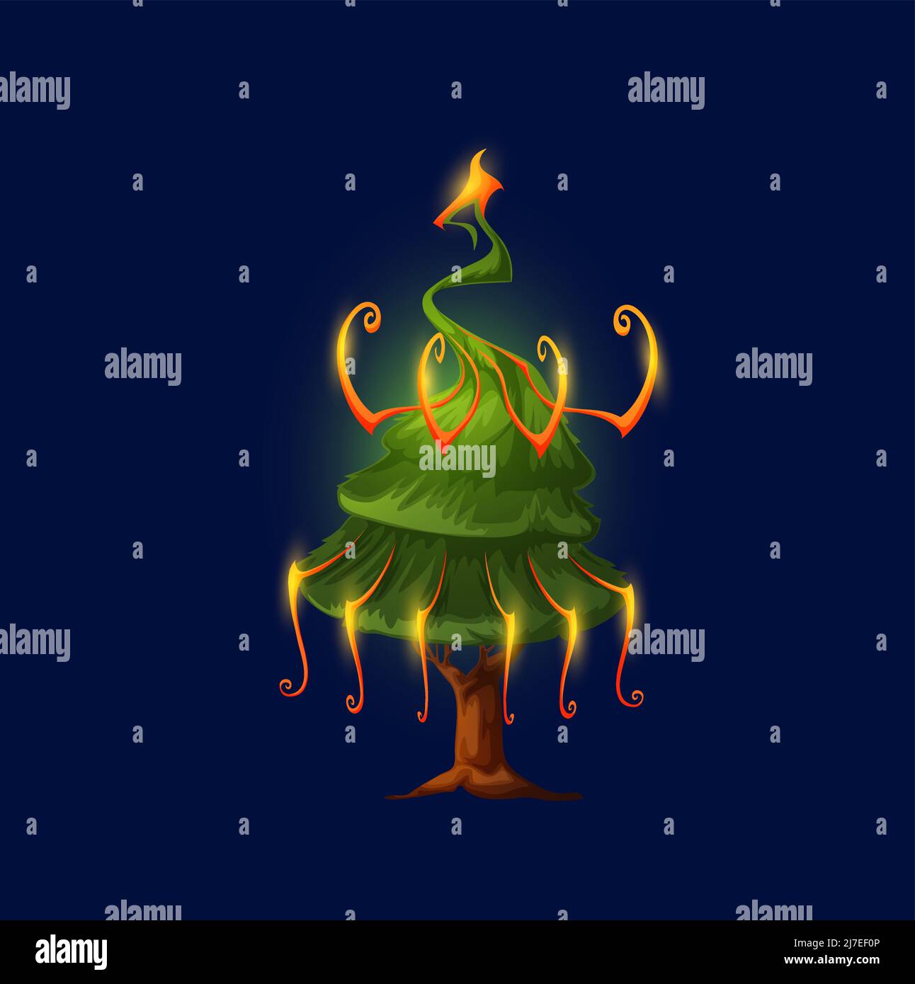 Cartoon alien green tree with spikes, fantasy forest nature landscape ...