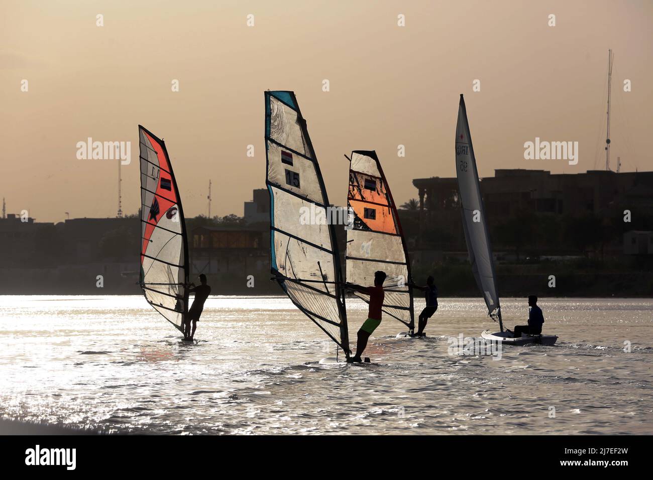 Baghdad, Iraq. 8th May, 2022. Members of the Iraqi national windsurfing ...