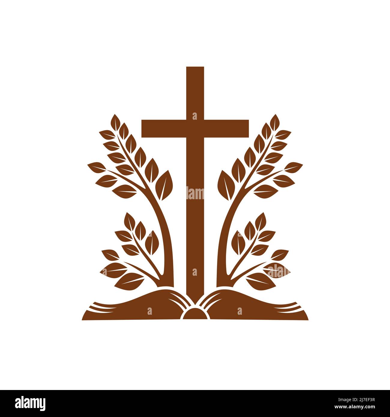 Christianity religion vector icon with cross and trees grow from open ...