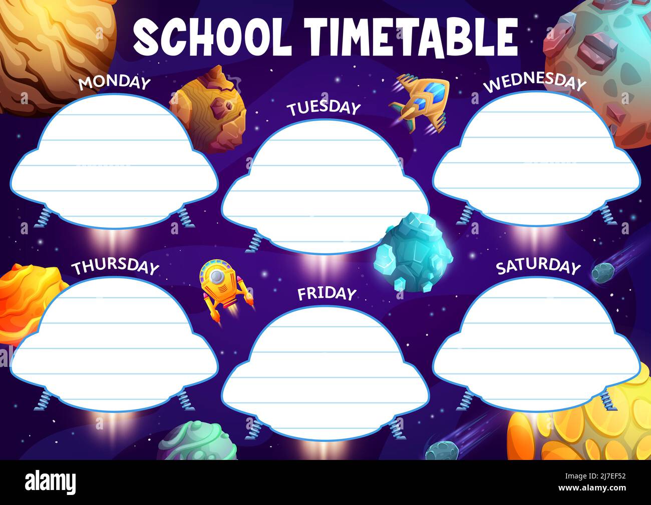 Education timetable schedule with ufo, spacecraft and starship in ...