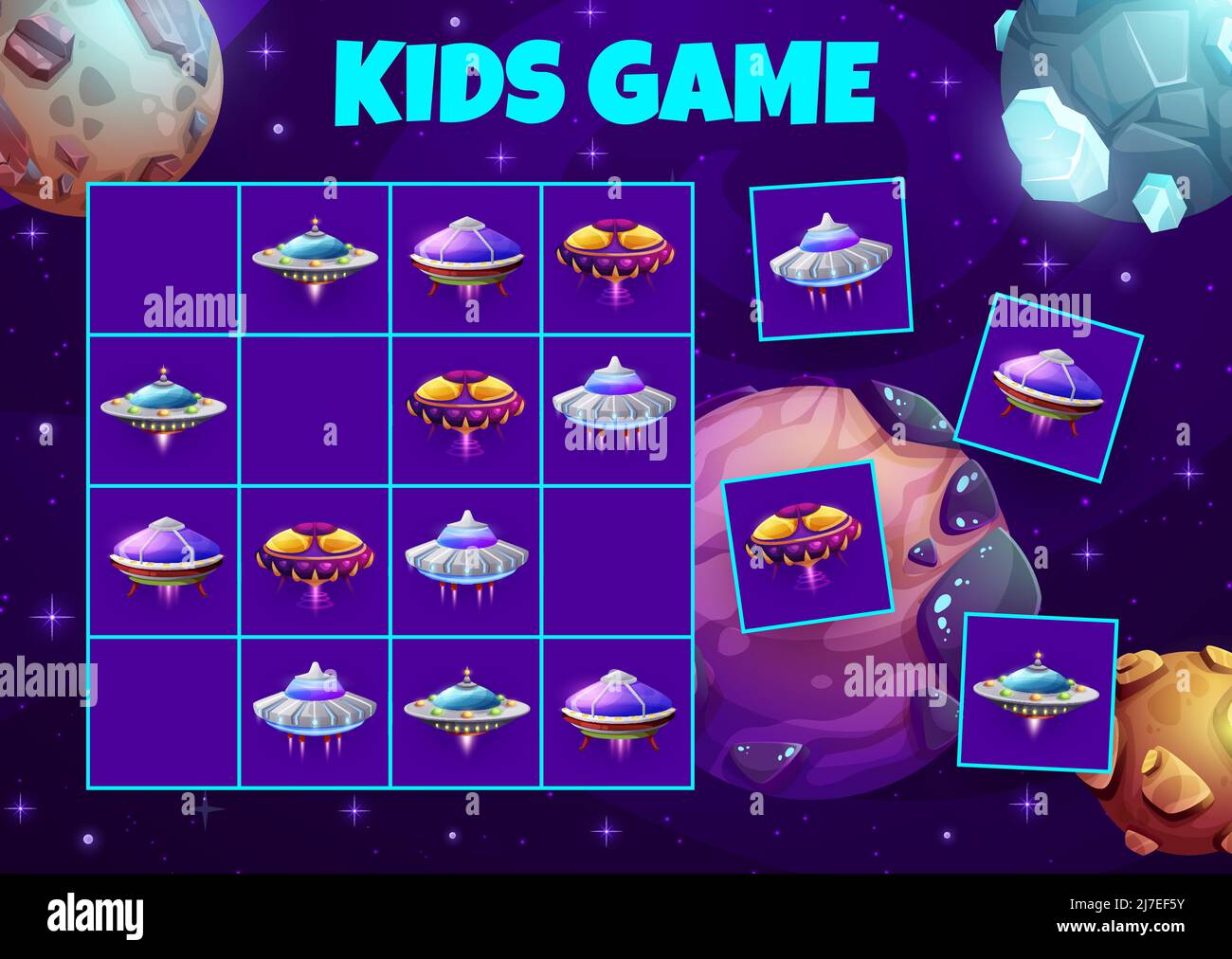 Sudoku game. Galaxy space planets, asteroids and starships. Kids rebus ...