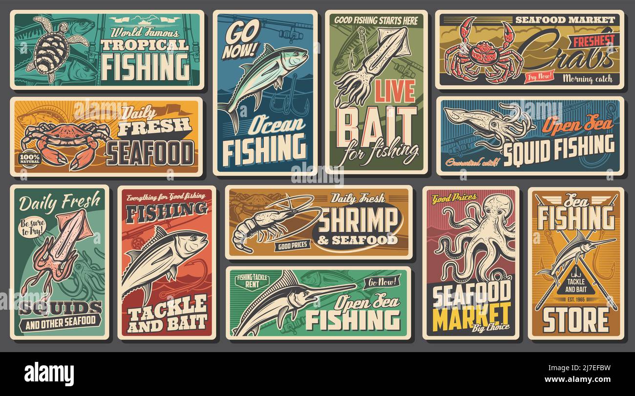 Sea fishing, seafood market retro posters. Sea turtle, tuna fish and ...