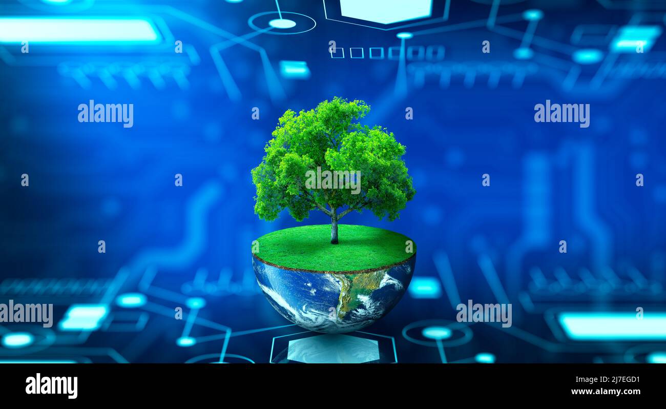Tree on half of earth and green grass with Abstract background ...