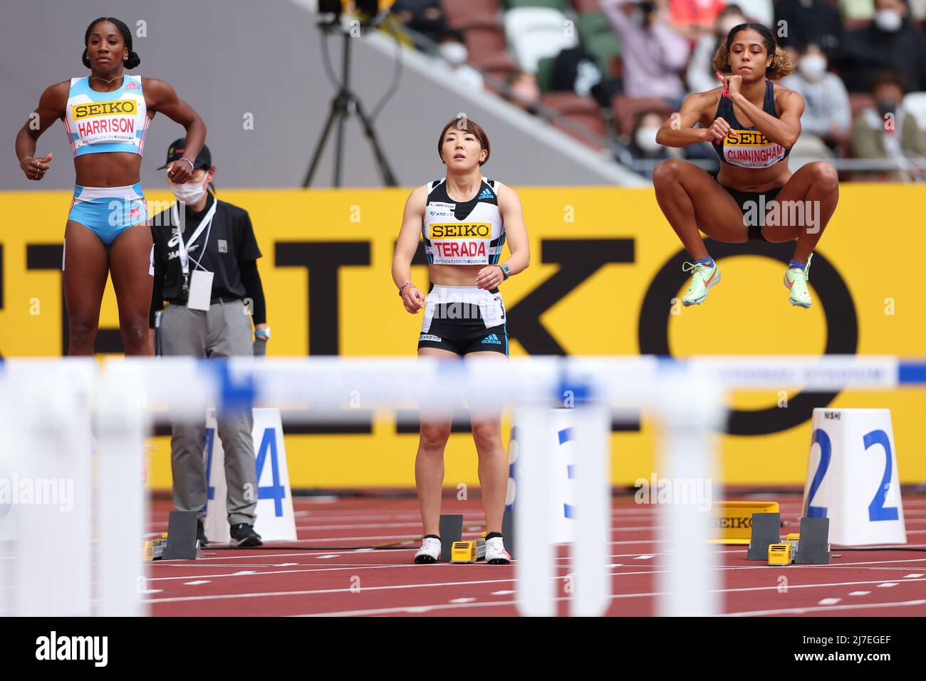(L-R) Kendra Harrison (USA), Asuka Terada, Gabriel Cunningham (USA ...