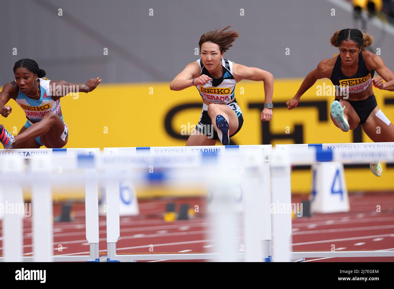 (L-R) Kendra Harrison (USA), Asuka Terada, Gabriel Cunningham (USA ...