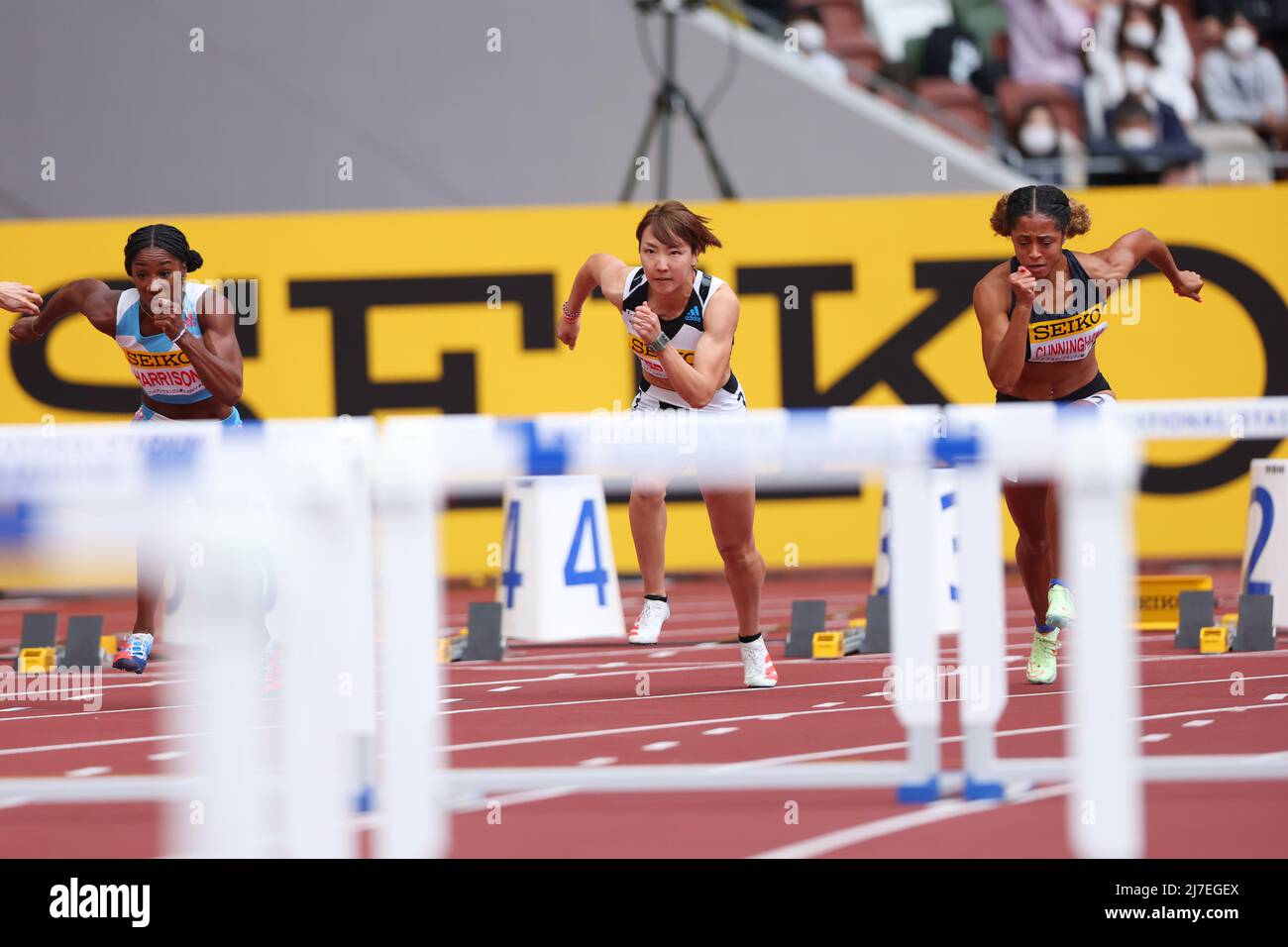 (L-R) Kendra Harrison (USA), Asuka Terada, Gabriel Cunningham (USA ...
