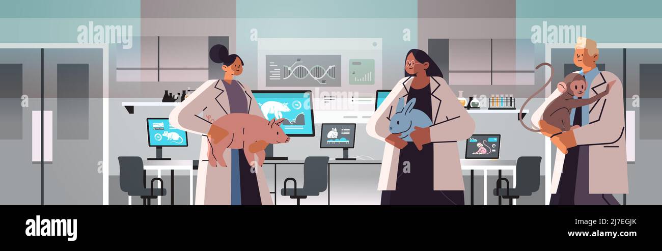 scientists or veterinary workers team doing experiments in lab with ...