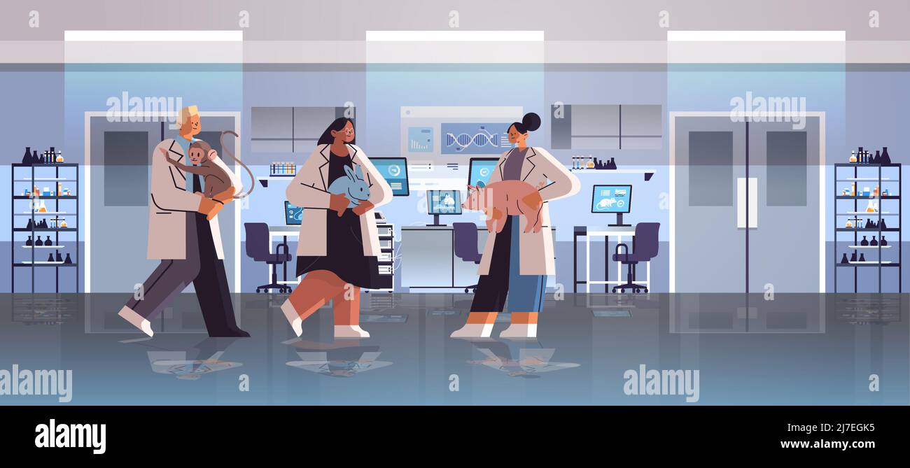 scientists or veterinary workers team doing experiments in lab with ...