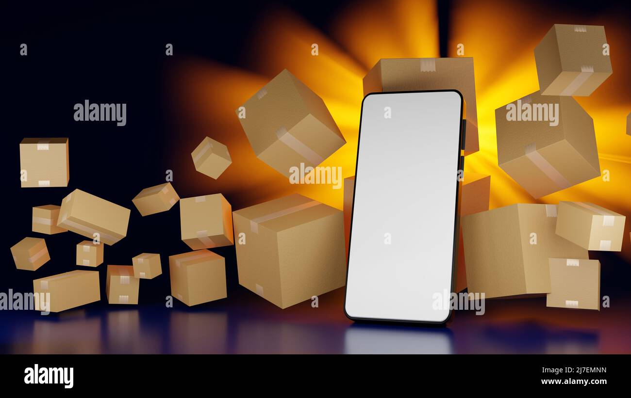 Mobile phone or smartphone with brown cardboard boxes parcel, online ...