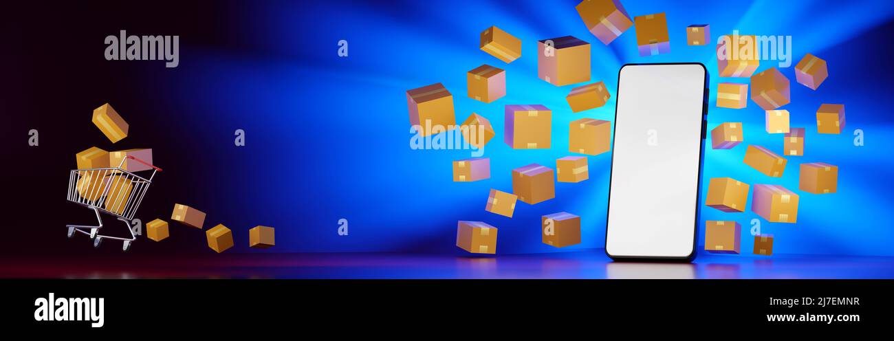 Mobile phone or smartphone with brown cardboard boxes parcel, online ...