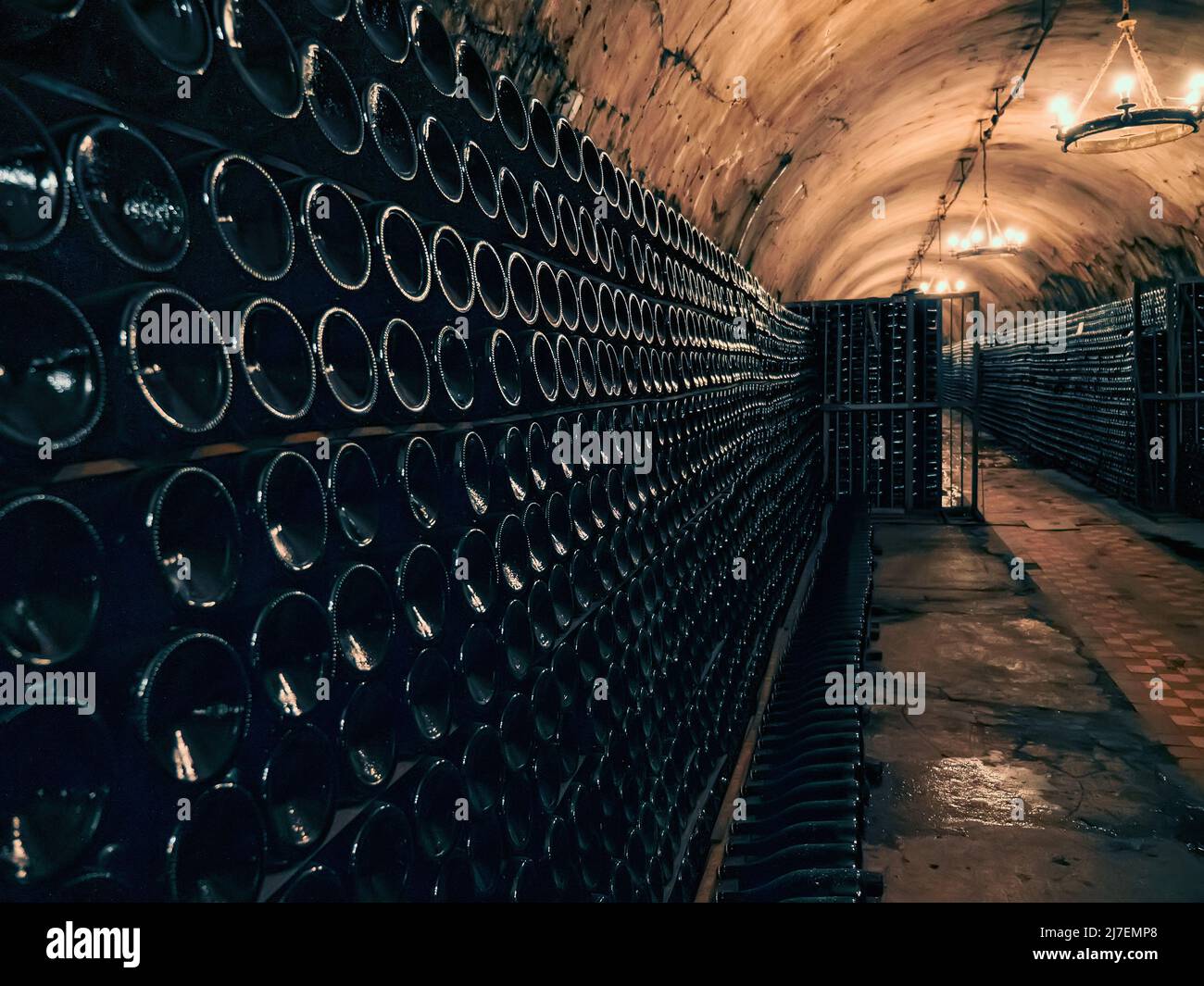wine bottles in a dark long underground cellar Stock Photo - Alamy