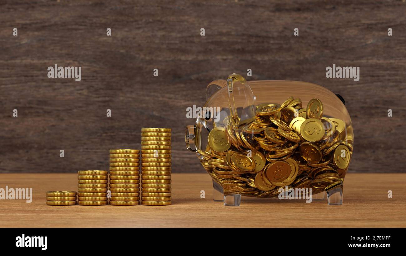 Glass Piggy bank with coin inside and stack of gold coin, saving or ...