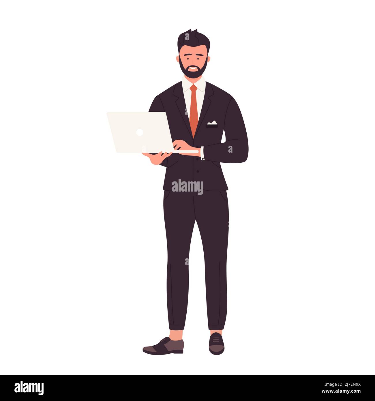 Working businessman on laptop. Standing office manager with pc vector ...