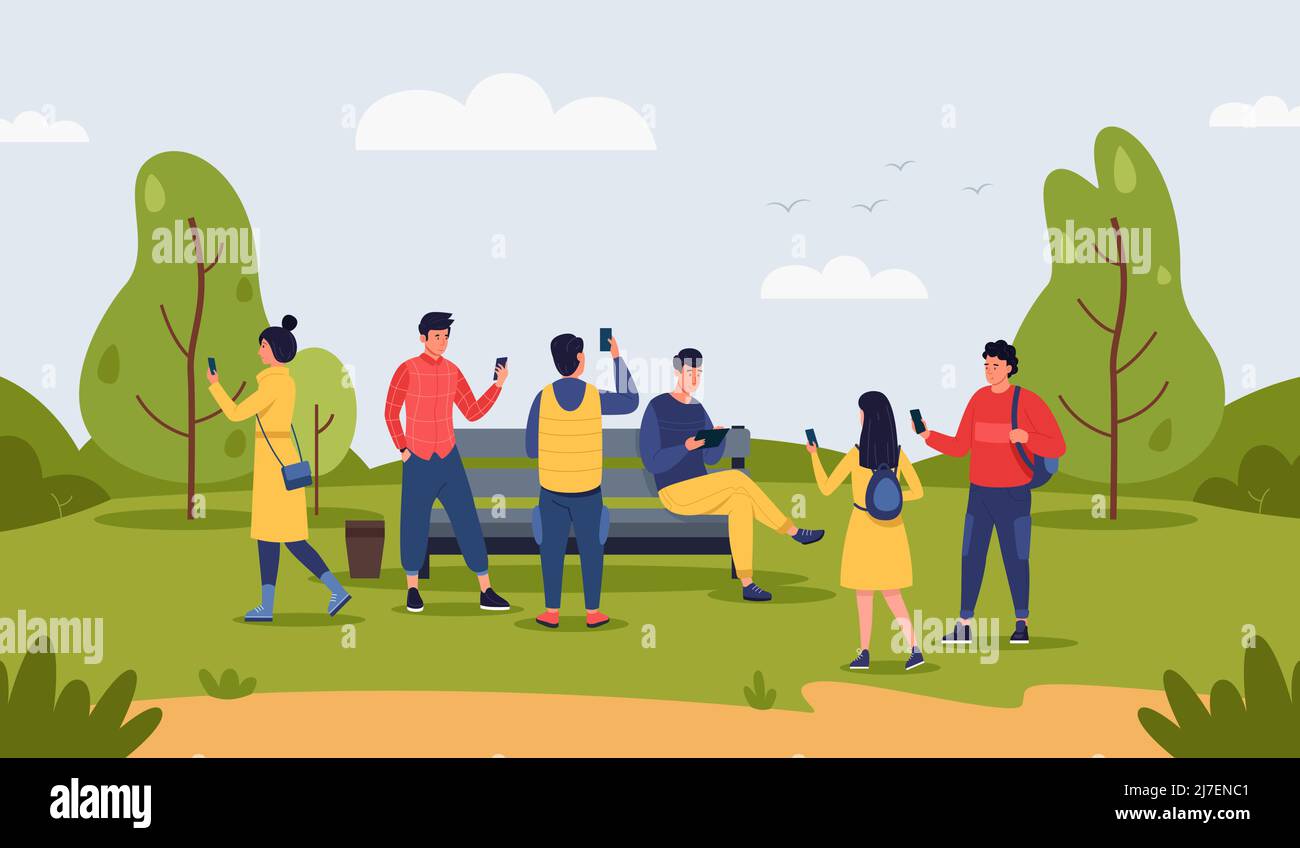Phones user concept. Cartoon men and women characters together using ...