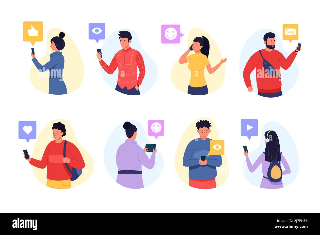 People phone communication. Cartoon characters sending messages likes ...