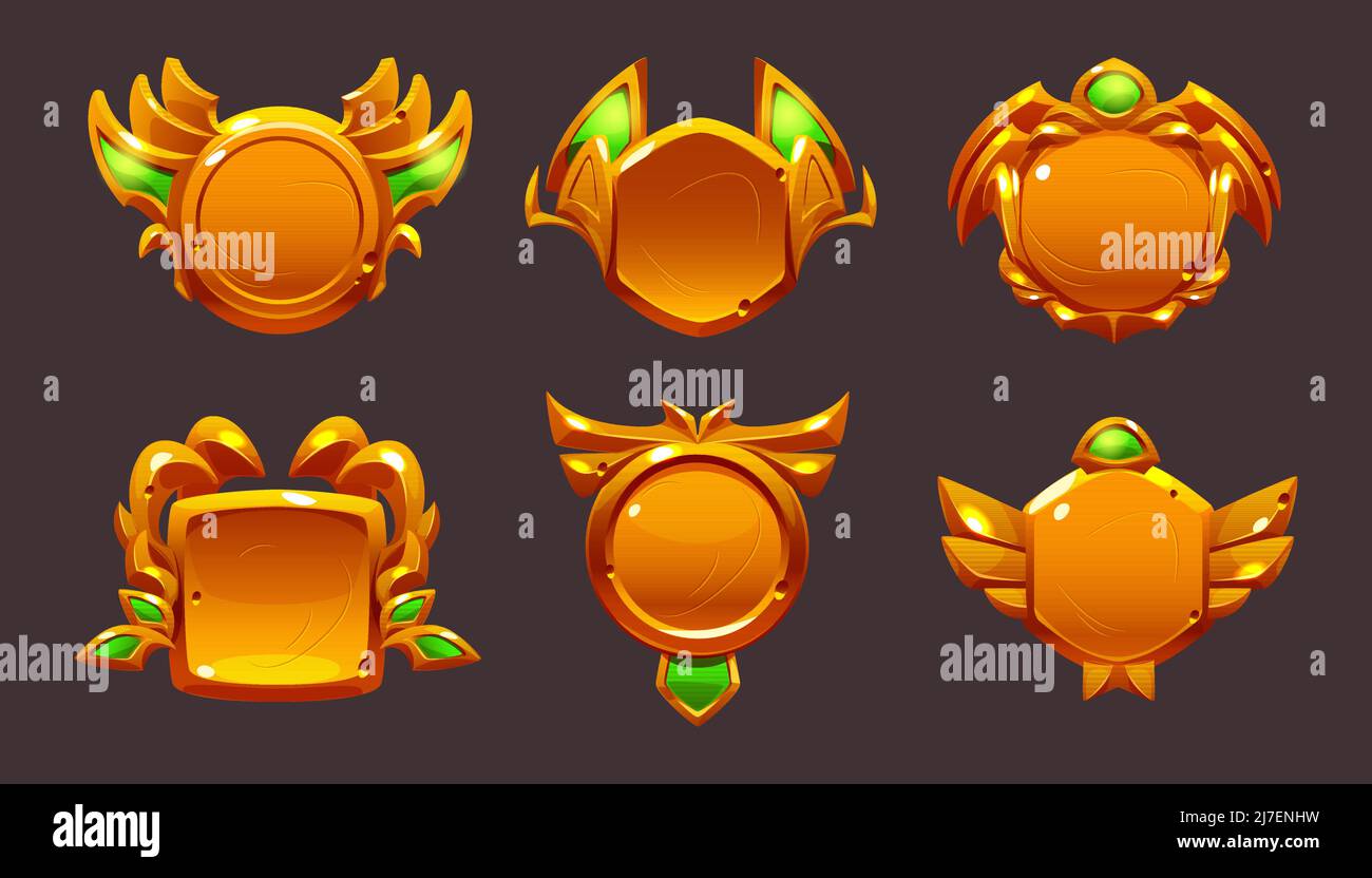 Golden game award badges, level ui icons. Empty gold frames, banners ...