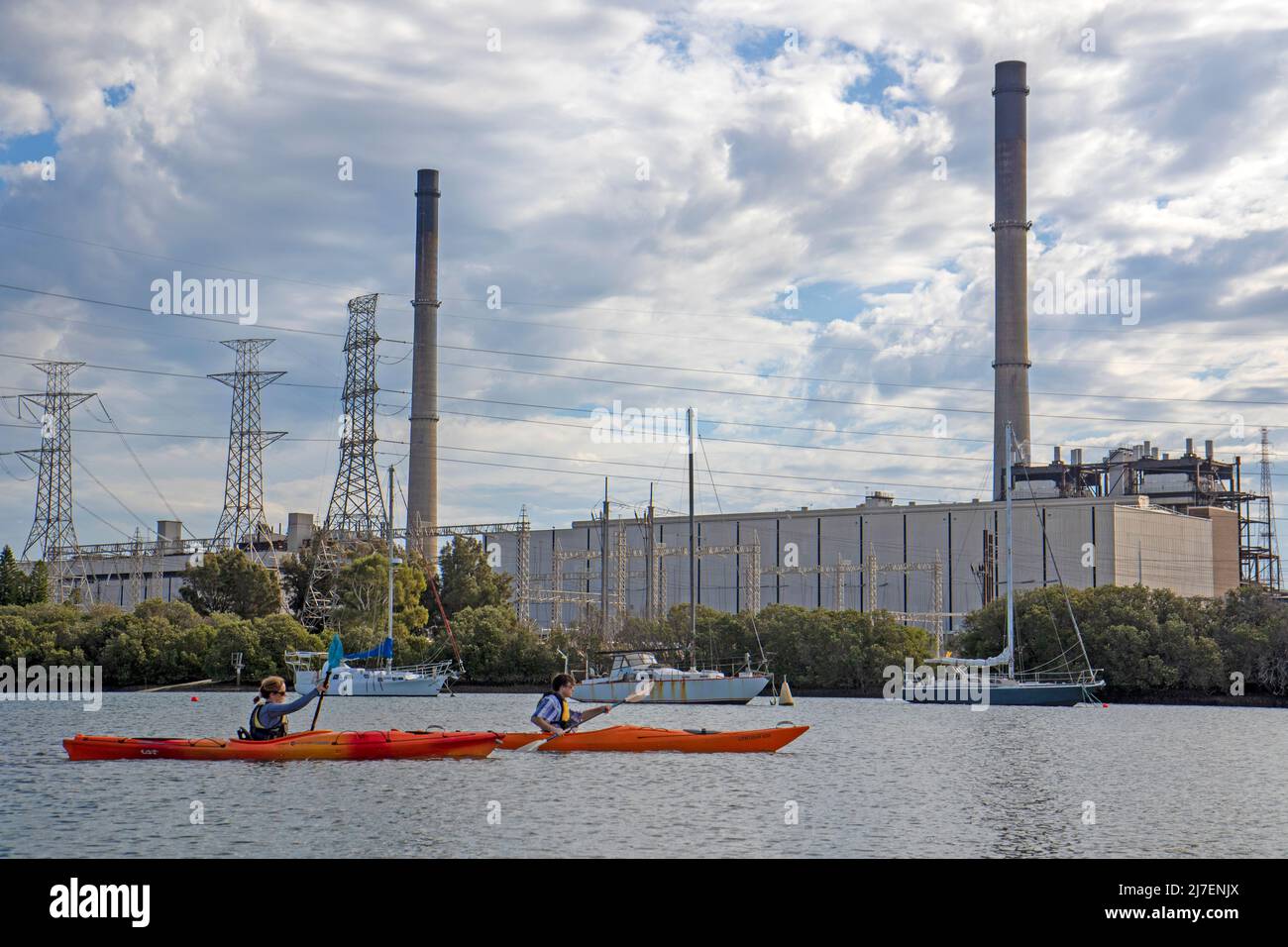 Kayaking past the Torrens Island Power Station on the Port River Stock ...