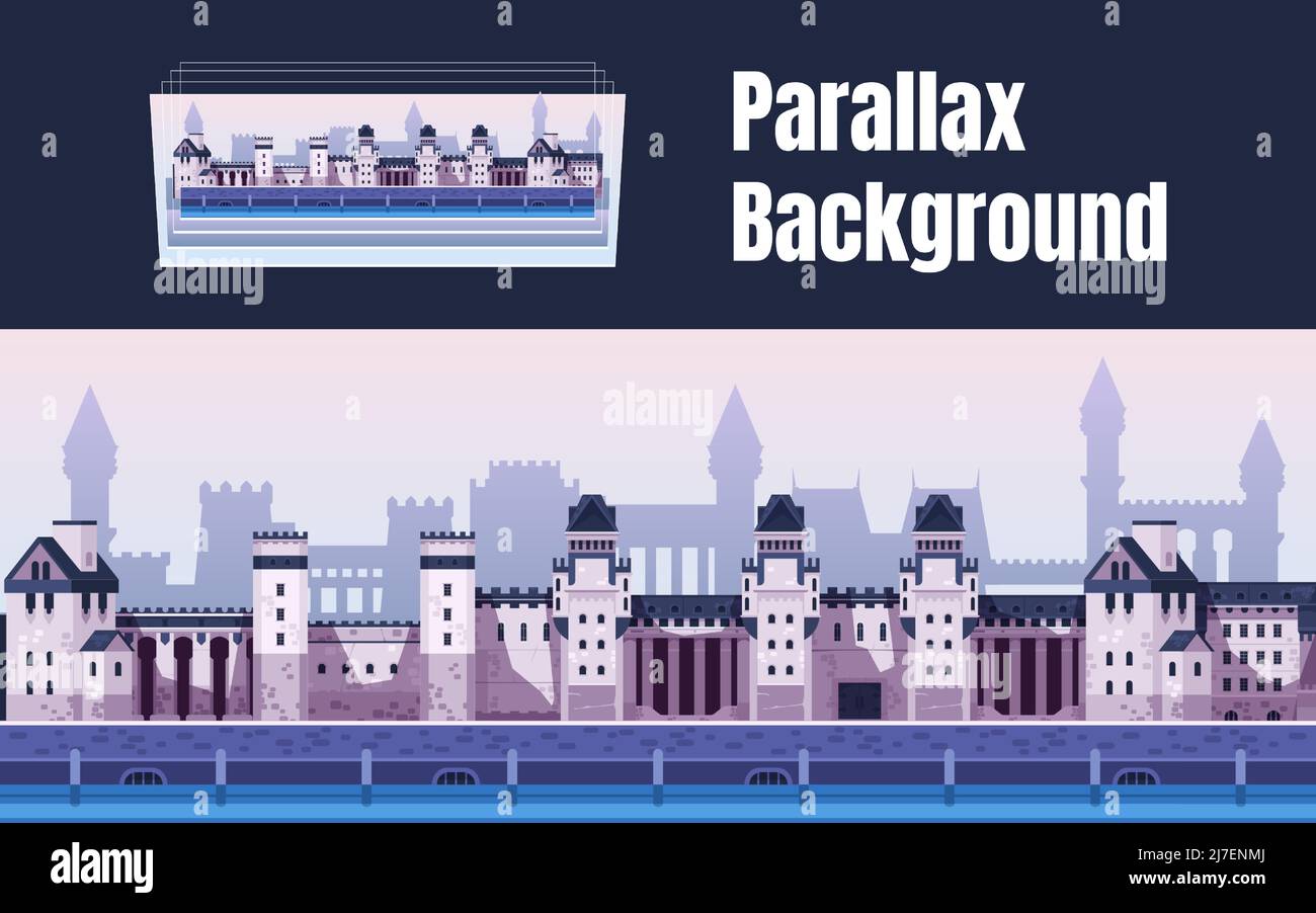Game medieval background. Parallax effect scene with fortress, ancient castles, and stone houses ...