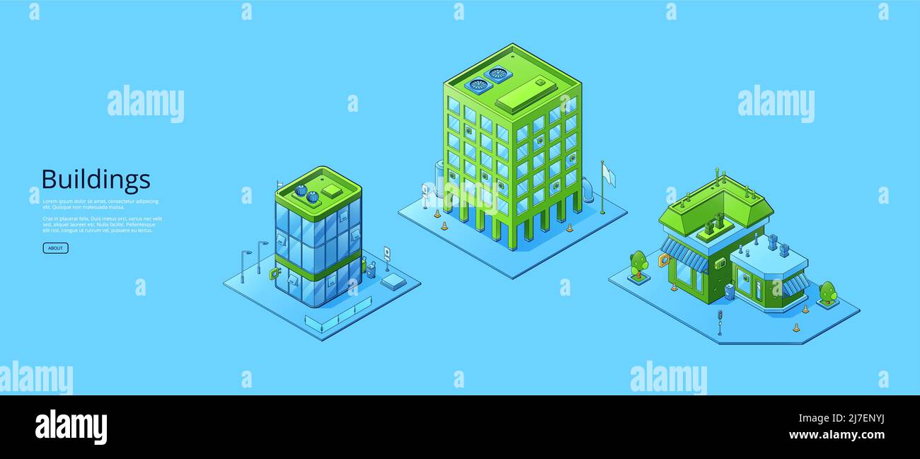 Buildings poster with isometric house, office and store isolated on ...