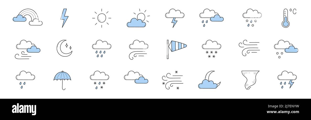 Meteorology icons, weather forecast signs with sun, moon, clouds ...